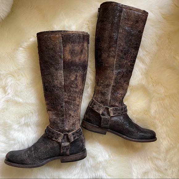 Frye | Shoes | Frye Phillip Chocolate Distressed Boots Wstudded Harness ...